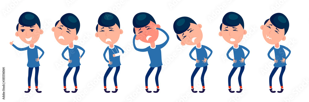 Set of character men with pain in different parts of the body. Backache ...