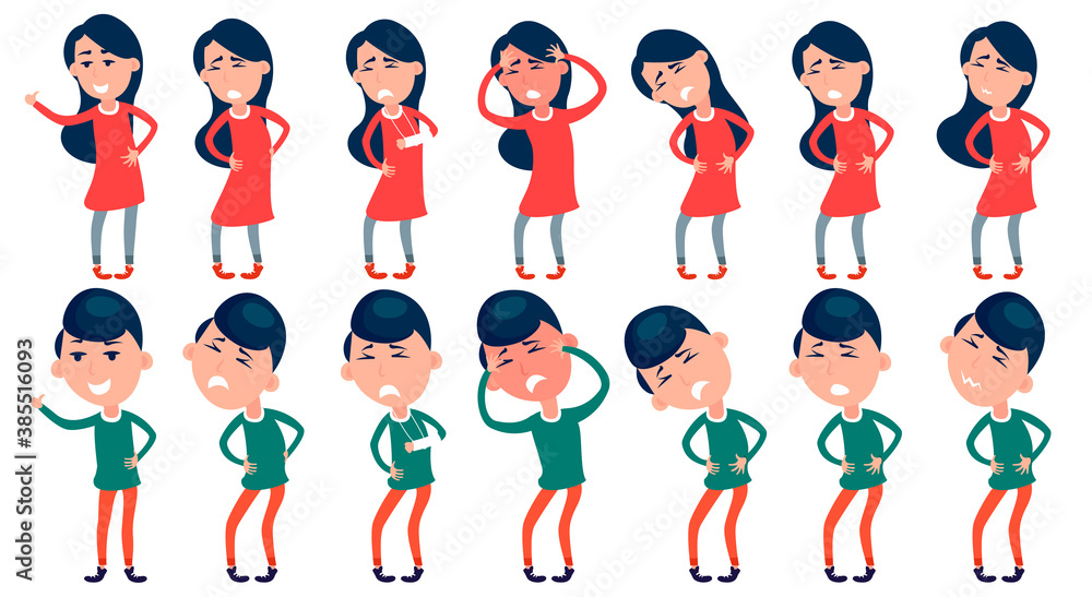 Set of characters men and women with pain in different parts of body ...
