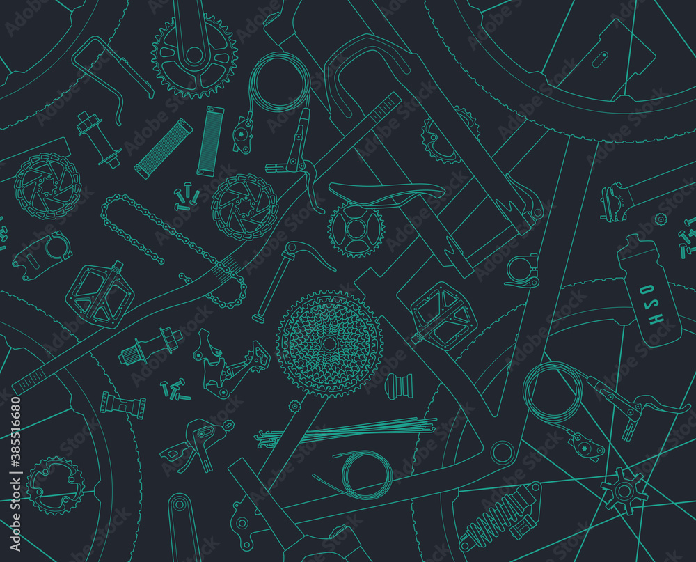 Vector parts of mountain bike line seamless texture. Isolated on gray ...