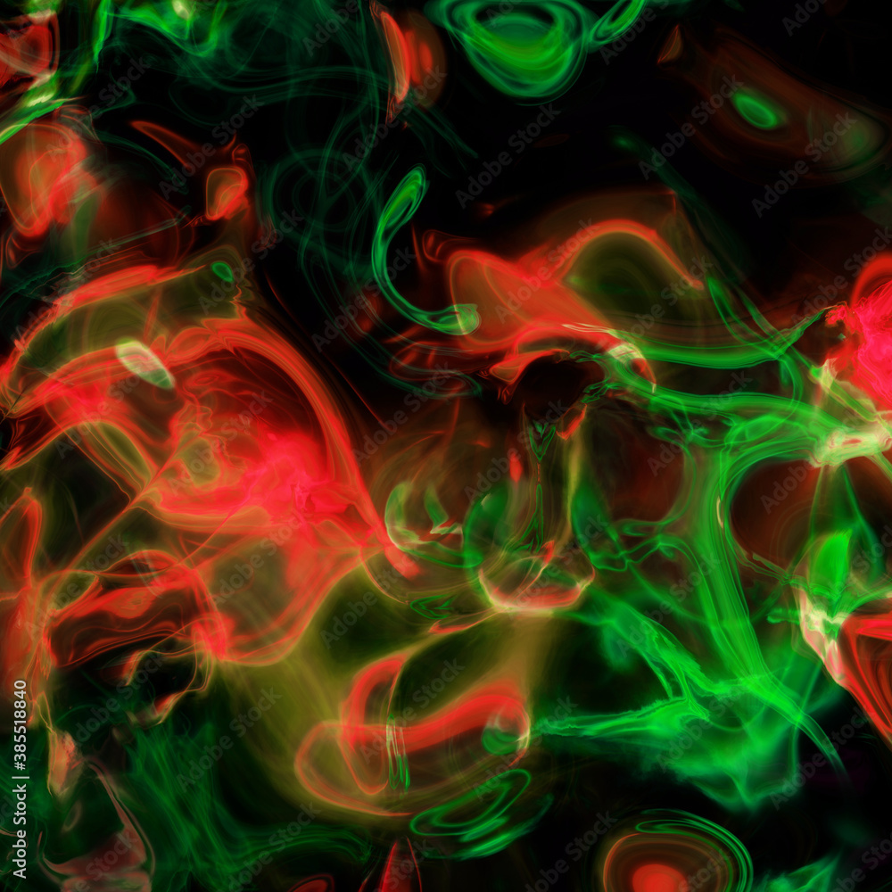 Fantasy smoke swirls in bright neon red and green, abstract mist tribal ...