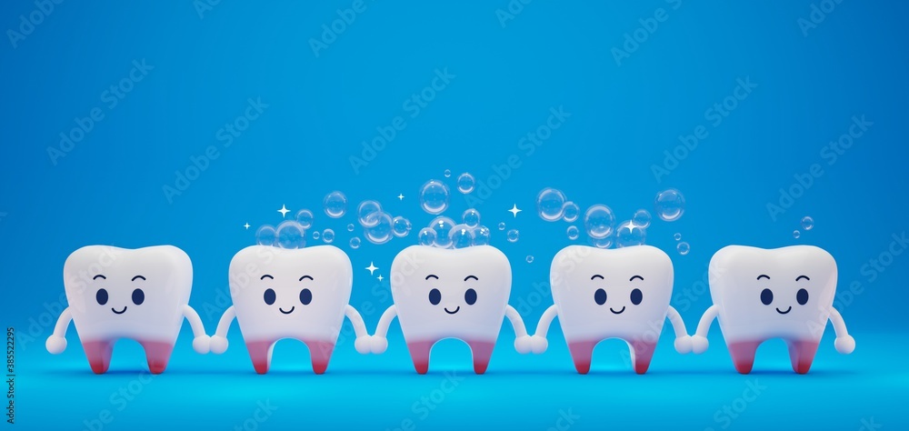 3D render of cute, funny tooth characters standing next to each other ...