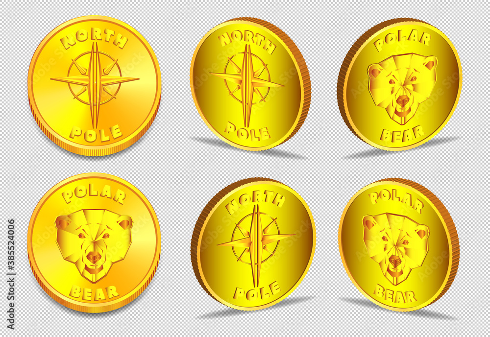 3d set of gold coin tokens with the head of a polar bear and the ...
