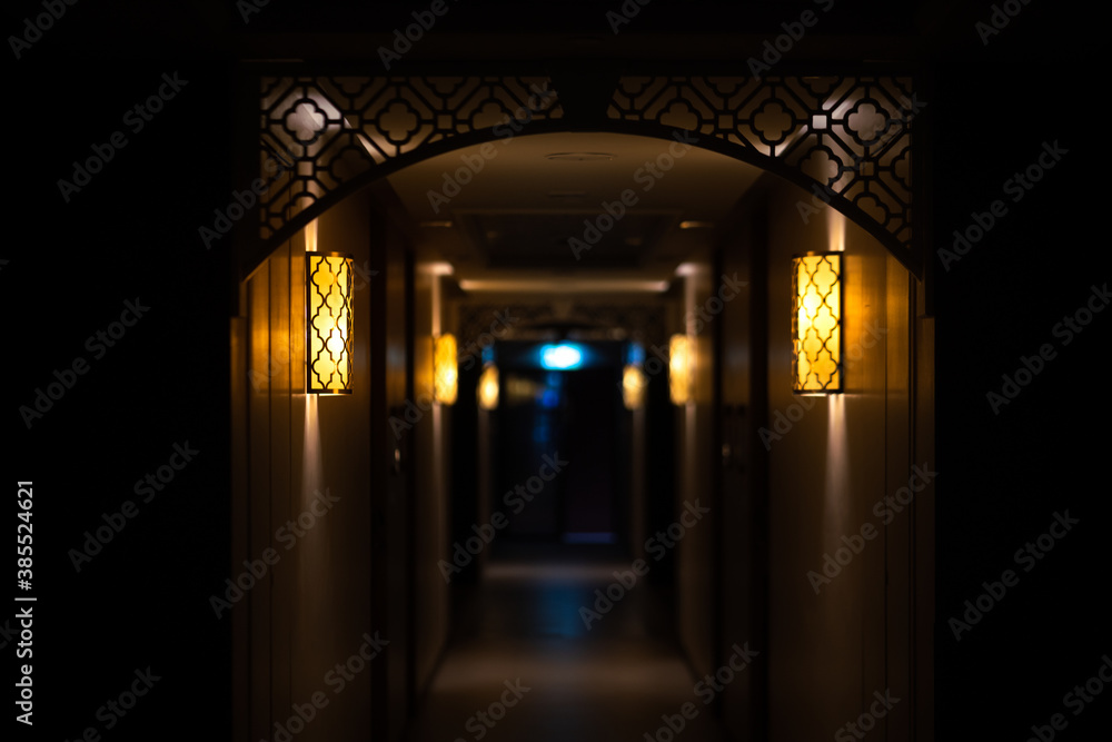 Dark blurred background of long walkway corridor, horror and scary ...