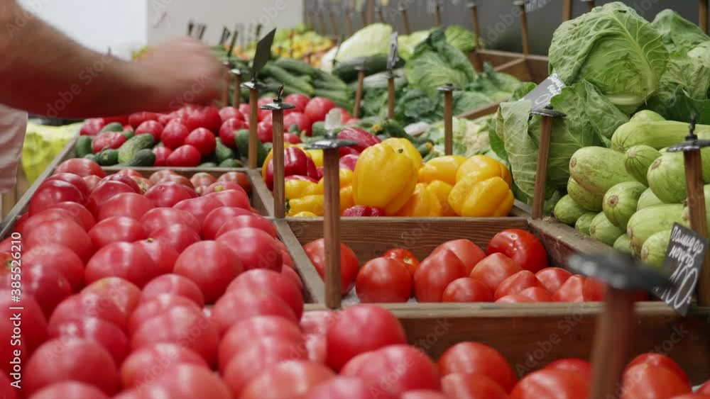 Close-up hands of grocery worker is arranging organic vegetables on ...