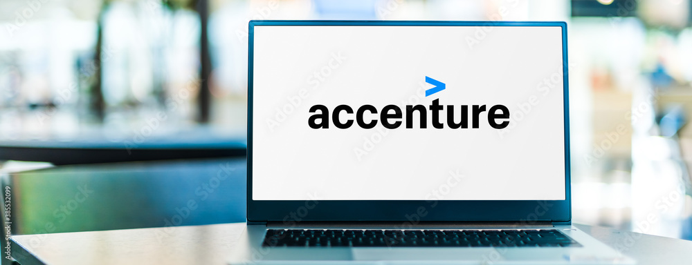 Laptop computer displaying logo of Accenture Stock Photo | Adobe Stock