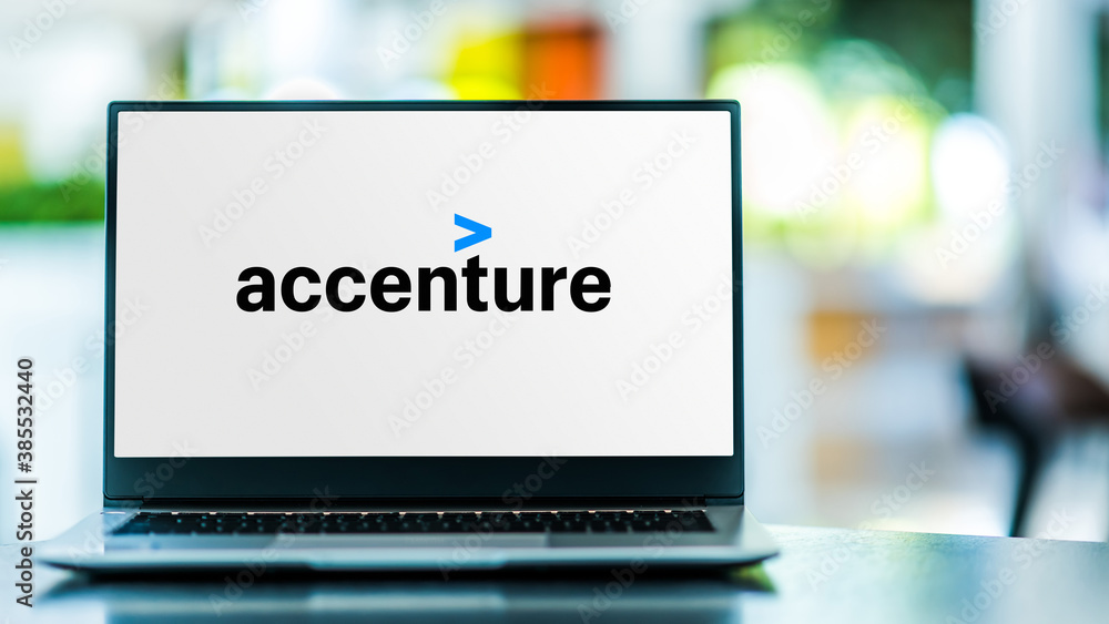 Laptop computer displaying logo of Accenture Stock Photo | Adobe Stock