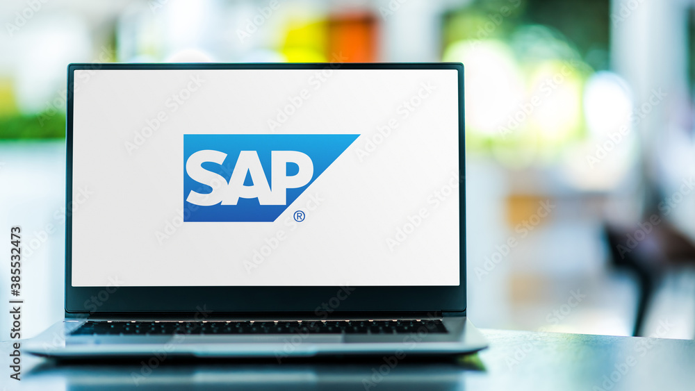Laptop computer displaying logo of SAP Stock Photo | Adobe Stock
