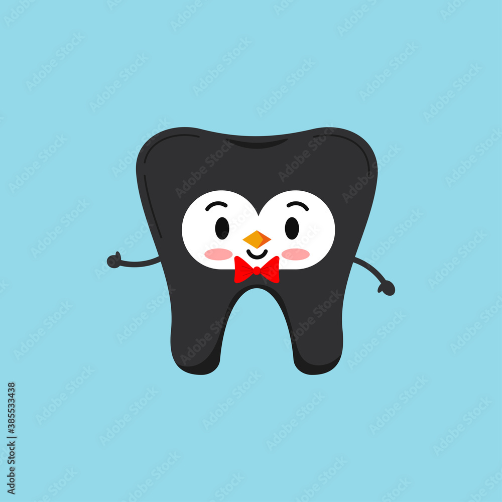 Cute Christmas tooth in penguin costume with bow tie icon in flat ...