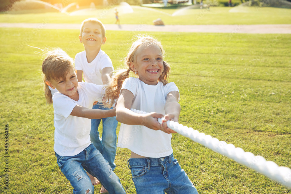 Children play tug of war in the park. A group of cute children playing ...