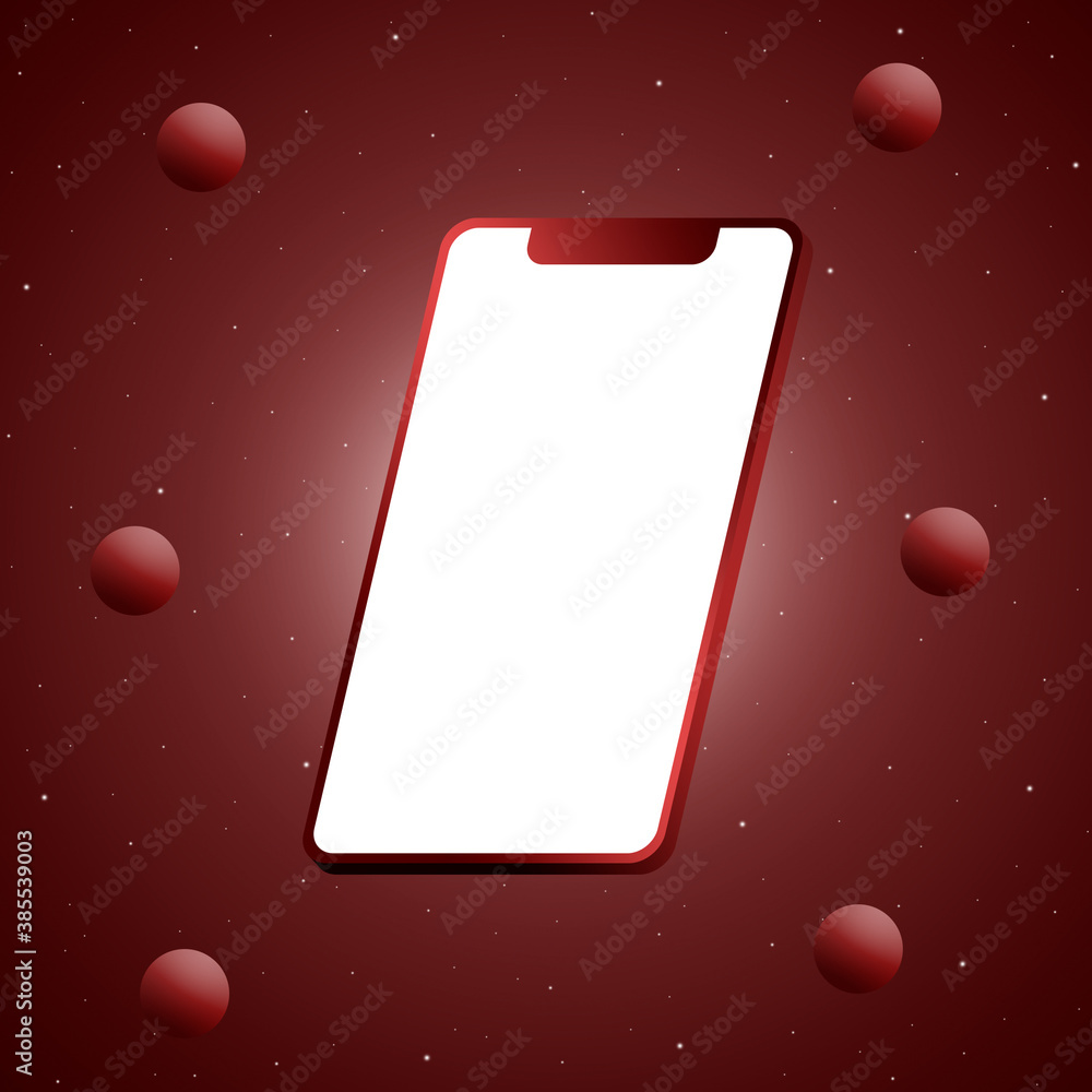 Phone with a blank screen and red balls around. Mockup generic device ...