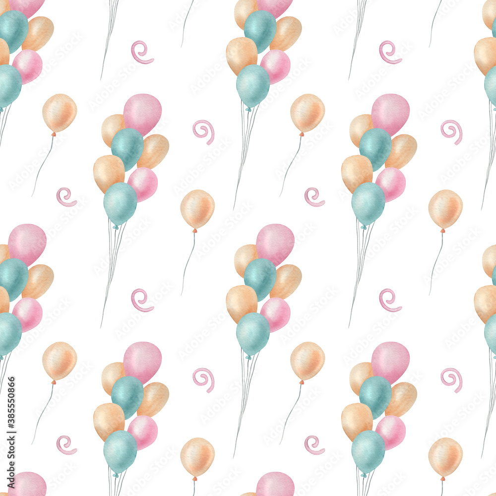 Watercolor cute balloon pattern on the light background. Bright kids ...