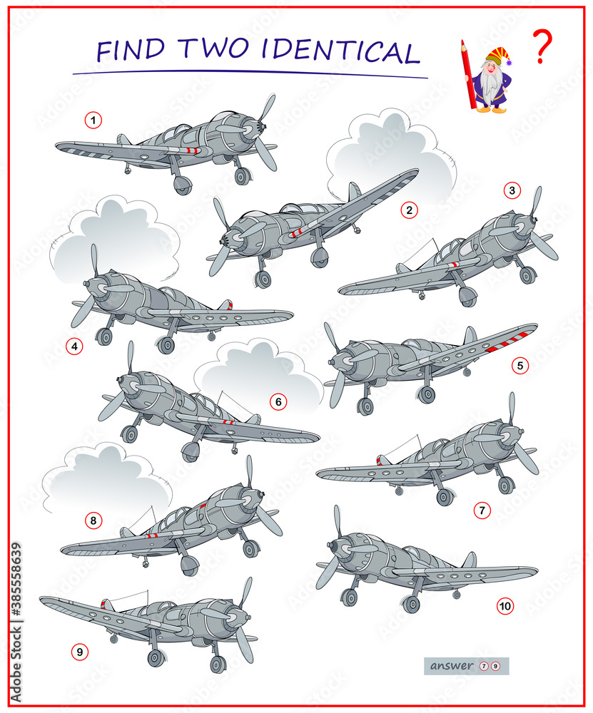 Logic puzzle game for children and adults. Find two identical airplanes ...
