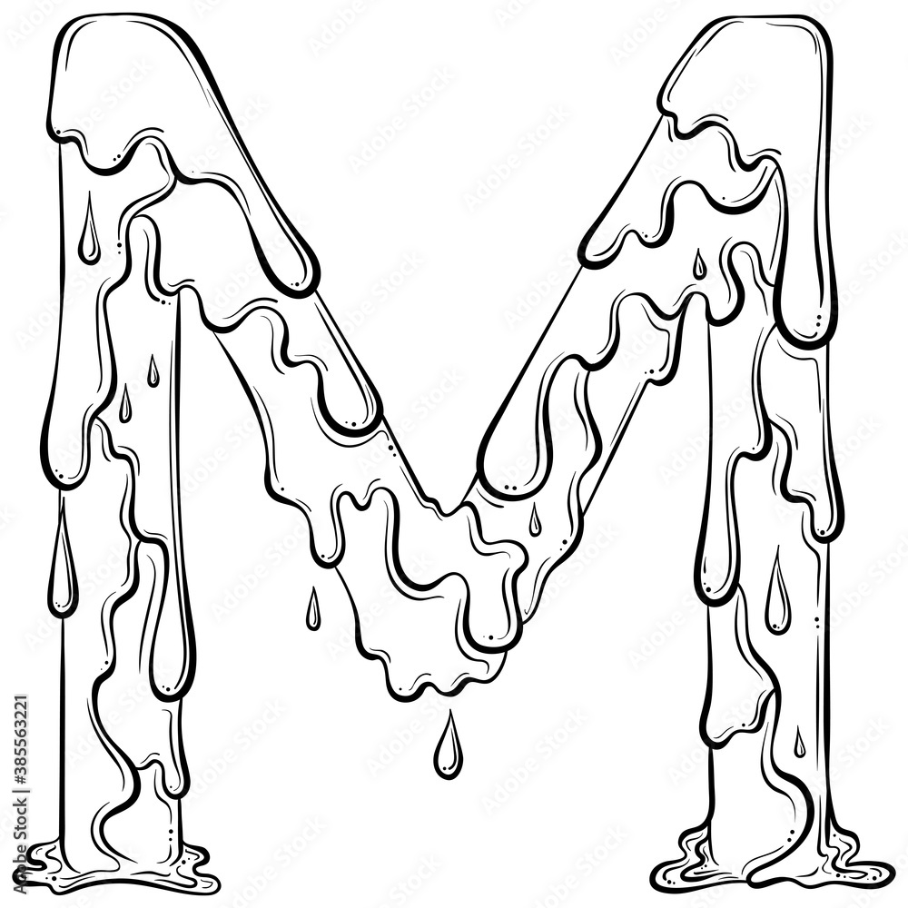 Letter M with flow drops and goo splash. Dripping liquid symbol. Vector ...