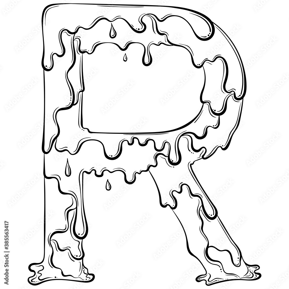 Letter R with flow drops and goo splash. Dripping liquid symbol. Vector ...