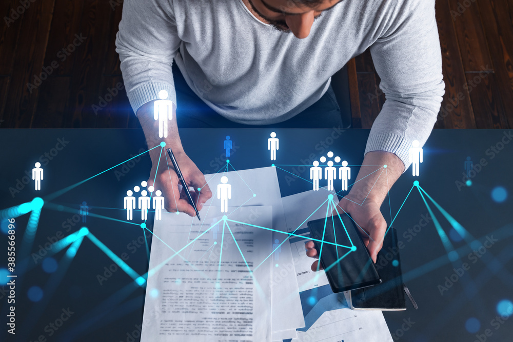 Handsome man sign SMM contract to promote personal brand project ...