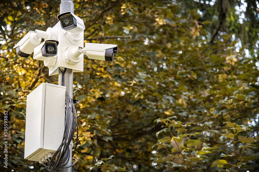 Lamp post with lots of CCTV cameras. Surveillance and modern city ...