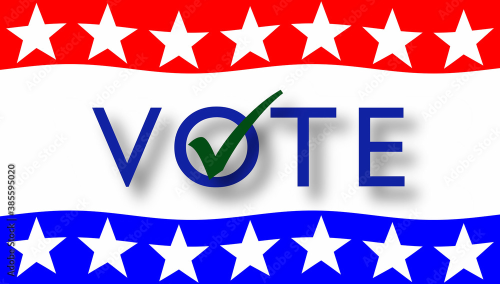 Word VOTE with check mark on red, white and blue banner with stars on ...