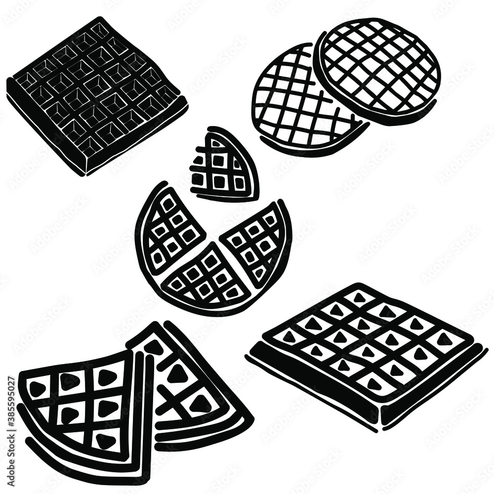 Set of silhouettes of sweet pastry waffles of various shapes, round and ...