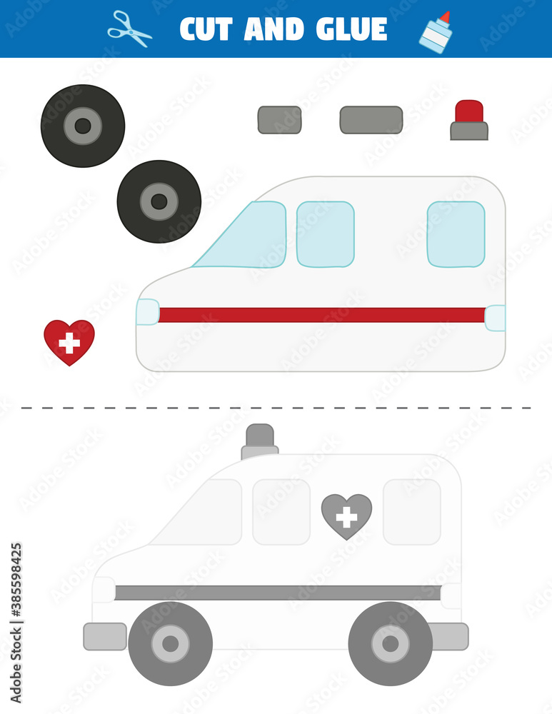 Educational paper game for children. Cut and glue. Transportation theme ...