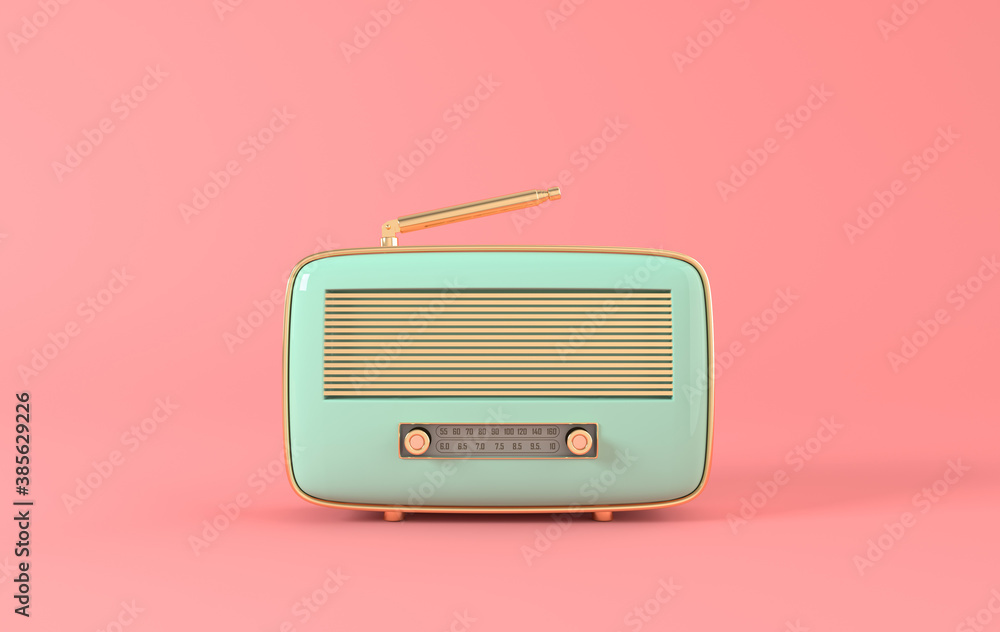 Vintage style radio receiver on podium. Pastel colors and golden ...