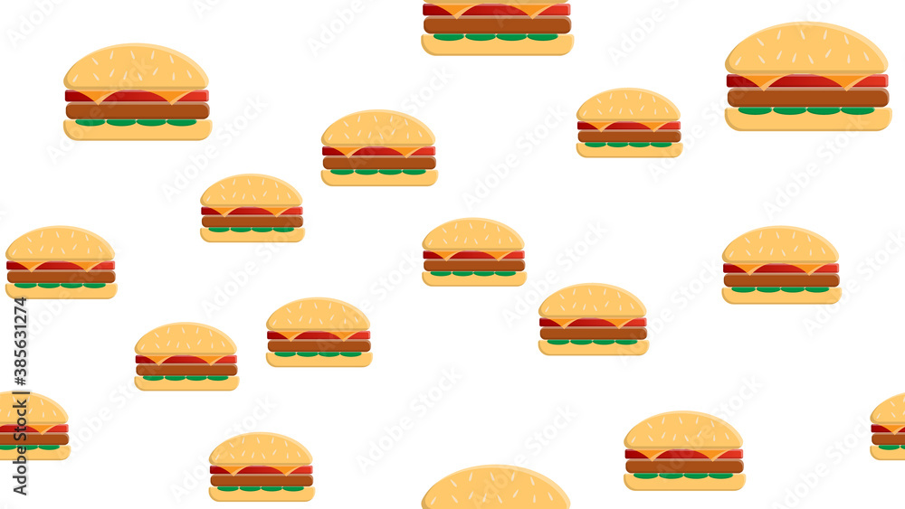 Cartoon colorful bright outline hamburgers on green background seamless ...