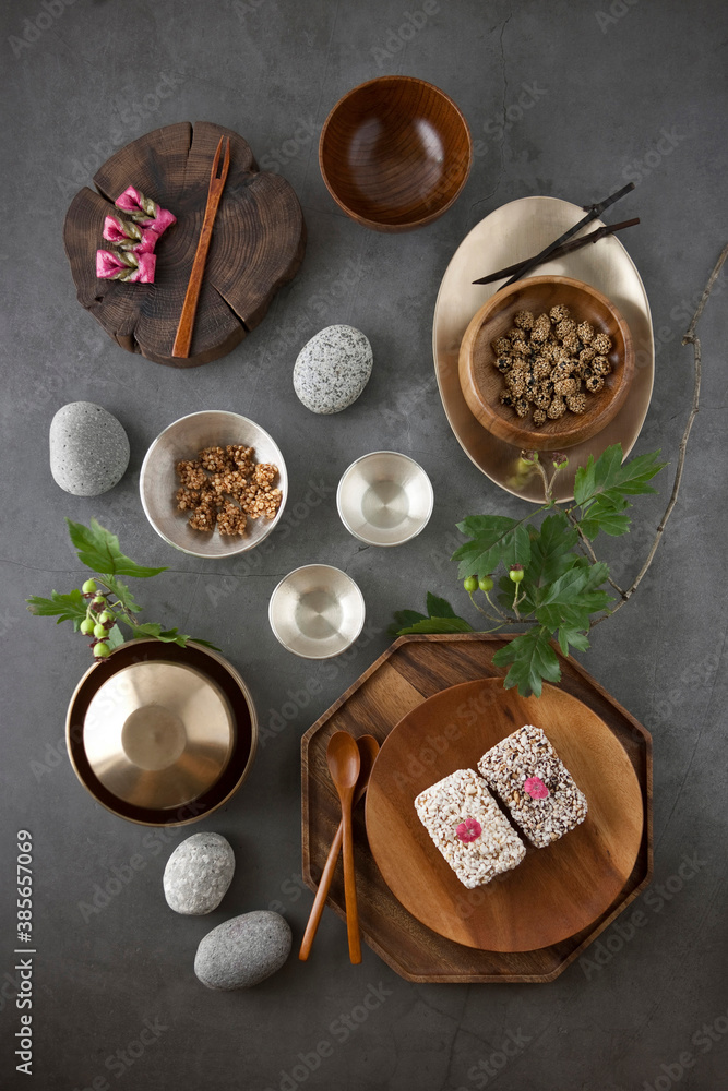 Korean table setting with Korean traditional food, Hangwa. Stock Photo ...