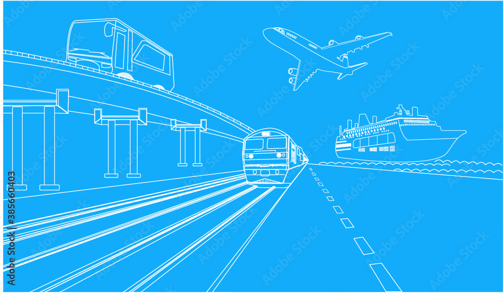Logistics and transportation of ship and plane with bus concept blue ...