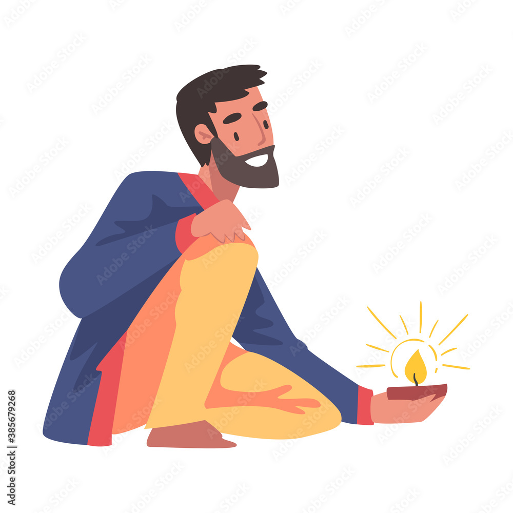 Cheerful Bearded Man in Traditional Indian Clothes with Candle in ...