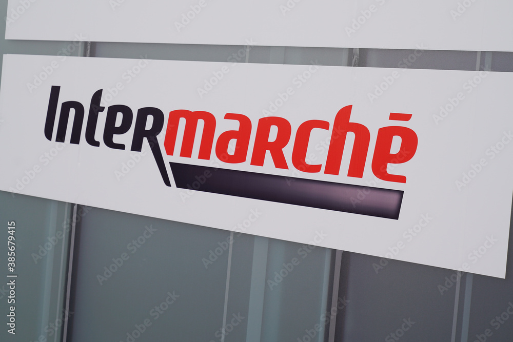intermarche sign text and logo of shop french European supermarket ...