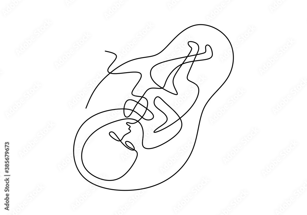 Baby in womb one single line drawing. Cute unborn fetus baby on mother ...
