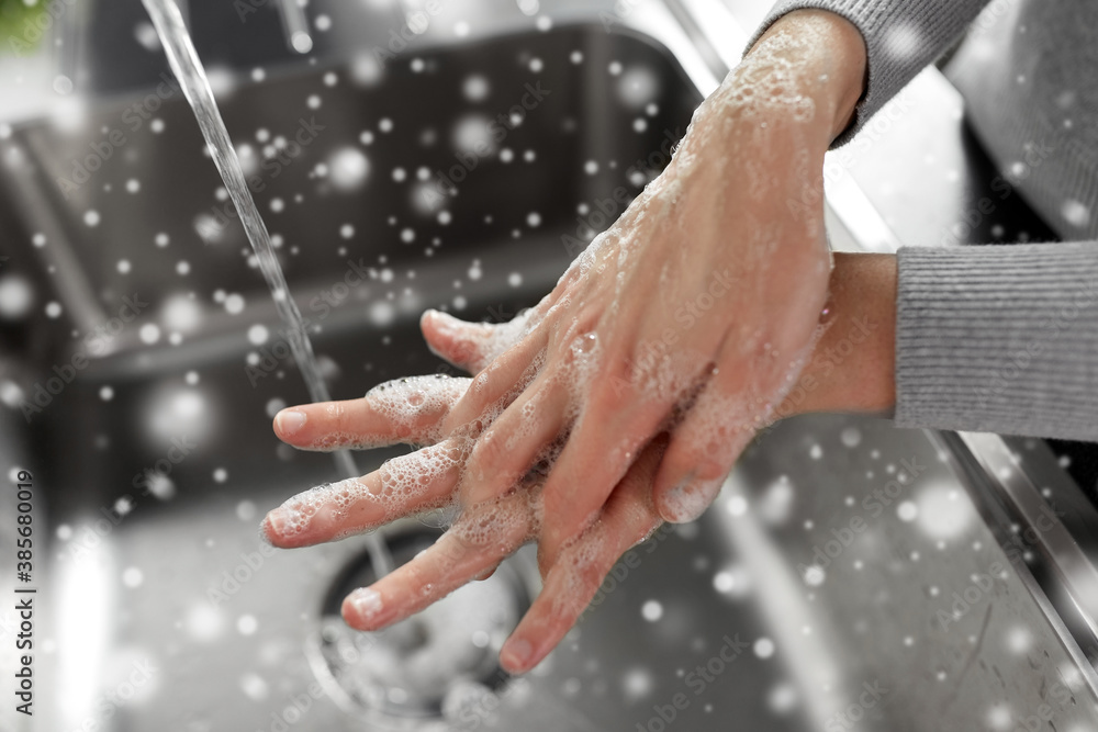 hygiene, health care and safety concept - close up of woman washing ...