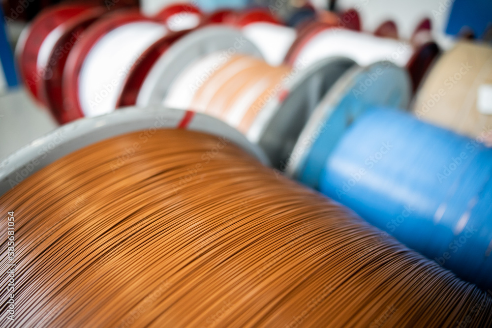 Foto de Wooden Coils Of Electric Cable Outdoor. High and low voltage ...