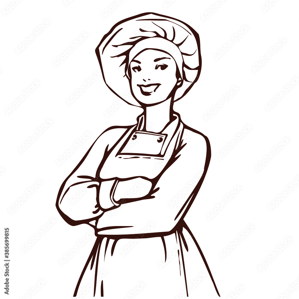 Woman dressed as a chef. Pretty smiling girl in a cook suit and hat ...