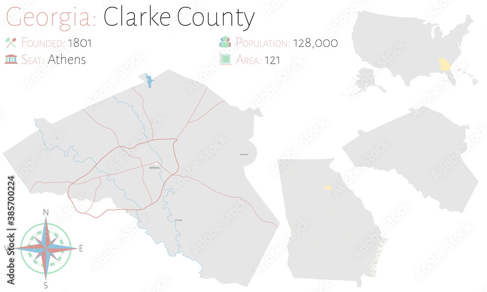 Large and detailed map of Clarke county in Georgia, USA. Stock Vector ...