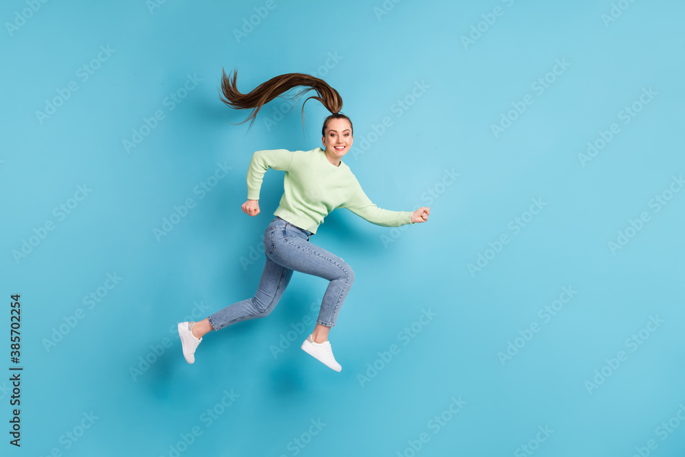 Full length body size side profile photo of jumping funny female runner ...