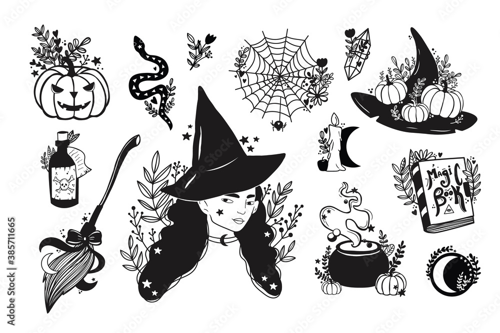 Vector witch magic design elements set. Hand drawn, doodle, sketch ...