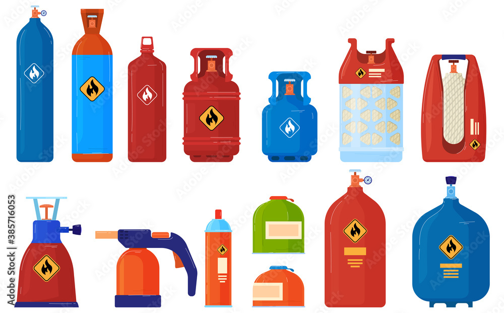 Flammable gas cylinder container vector illustration set. Cartoon flat ...