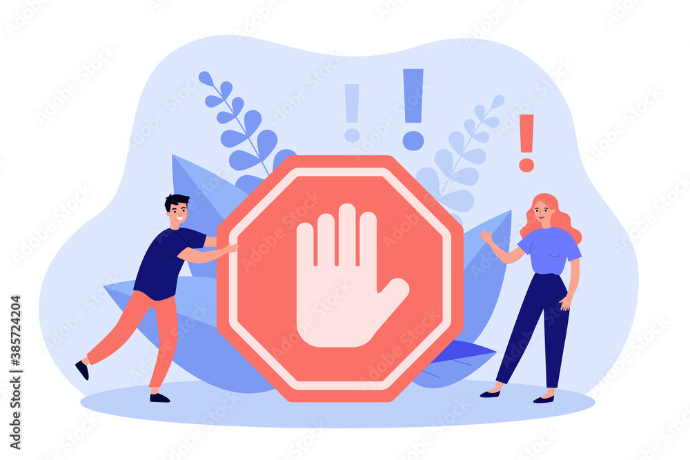 Tiny people standing near prohibited or forbidden gesture flat vector ...