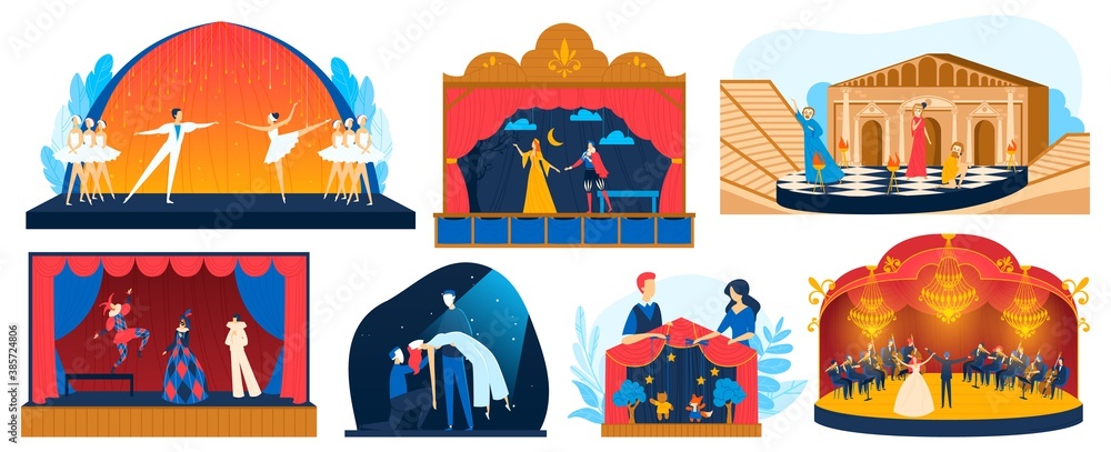 Theater performance vector illustration set. Cartoon flat performer ...