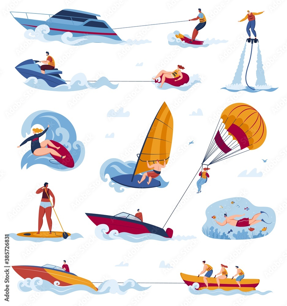 Water sports activity vector illustration set. Cartoon flat sea beach ...