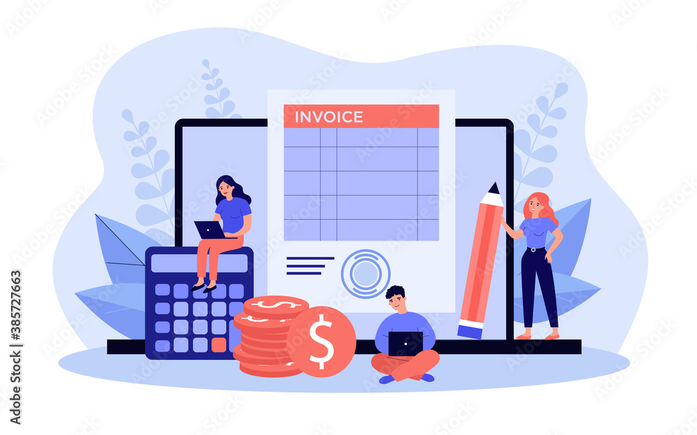 Tiny accountants working on computer invoice isolated flat vector ...