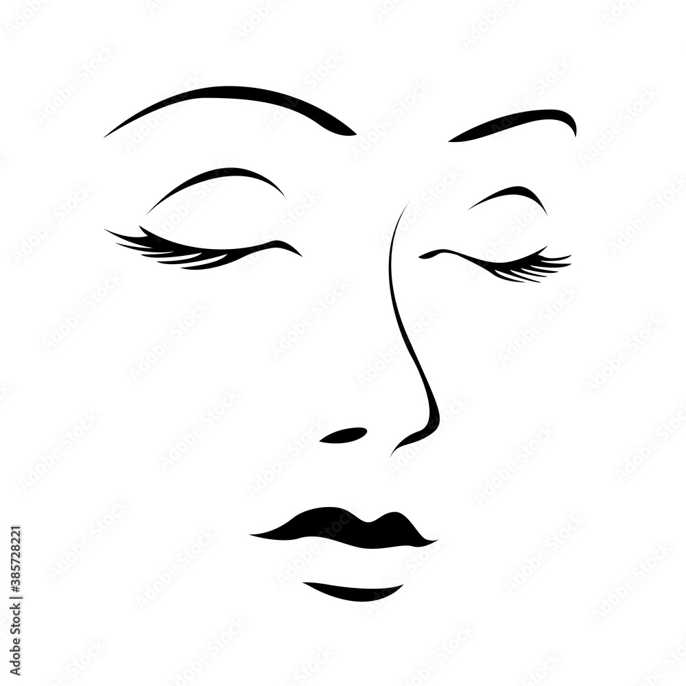 Beautiful face of a girl with closed eyes. Line drawing on a white ...