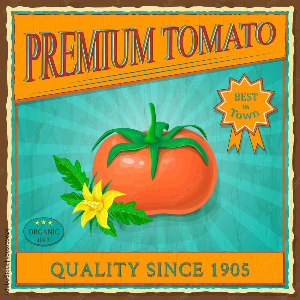 Retro tomato vintage advertising poster. label or banner with red ripe ...