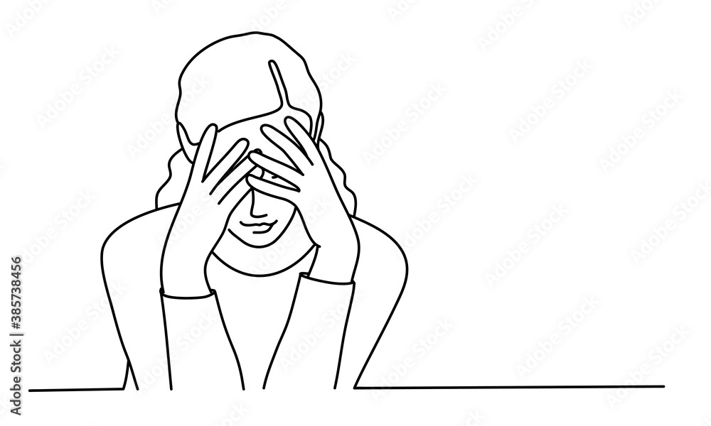 Sad crying young woman, palms to her face. Hand drawn vector line ...