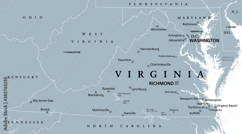 Virginia, VA, gray political map. Commonwealth of Virginia. State in ...