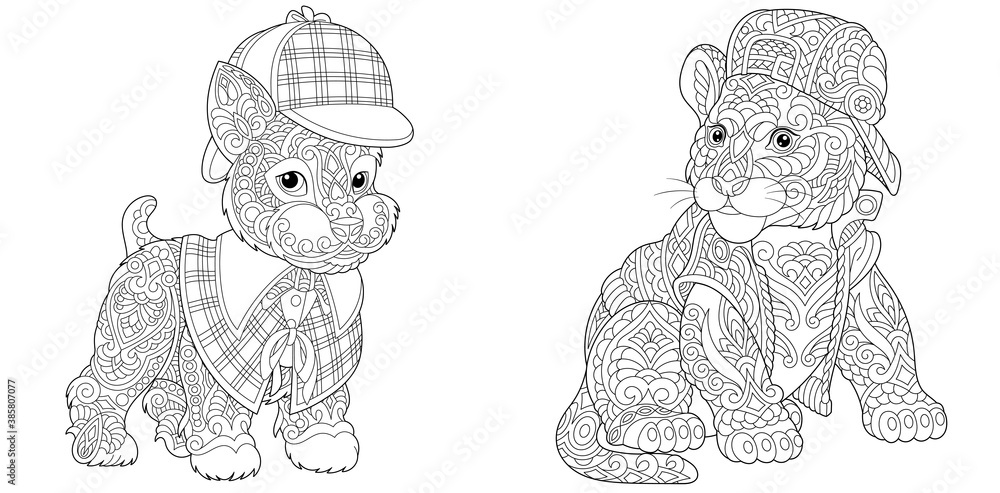 Coloring page. Dog and tiger cub. Line art drawing for adult or kids ...