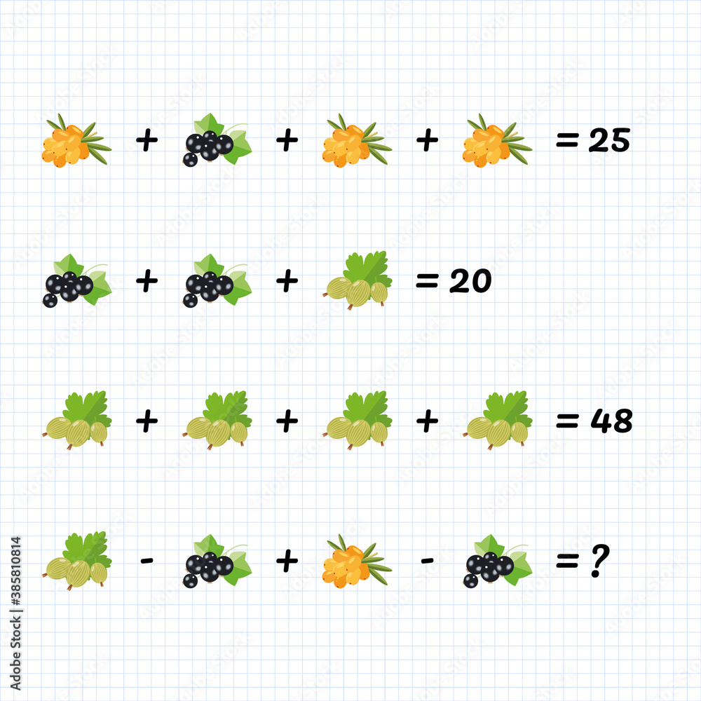 Mathematical Addition Subtraction Puzzle with berries. System of ...