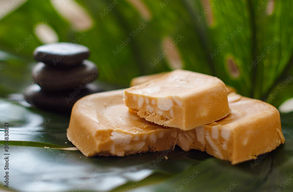 handmade soap made from squeezing soap slivers, pyramid of stones and ...