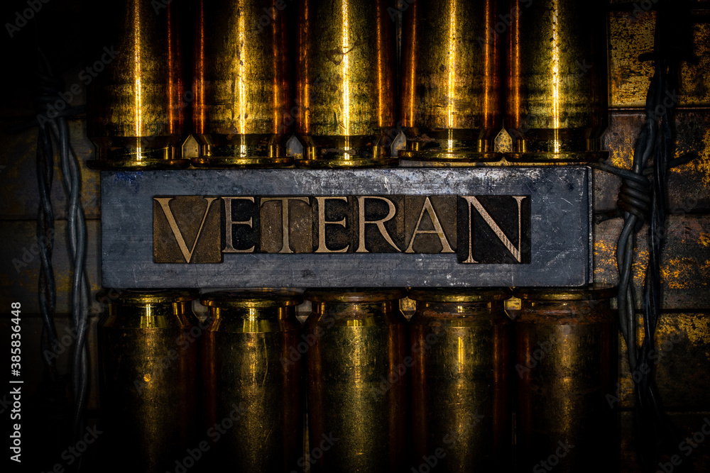 Veteran text message transposed on lead bars over copper 50 caliber gun ...