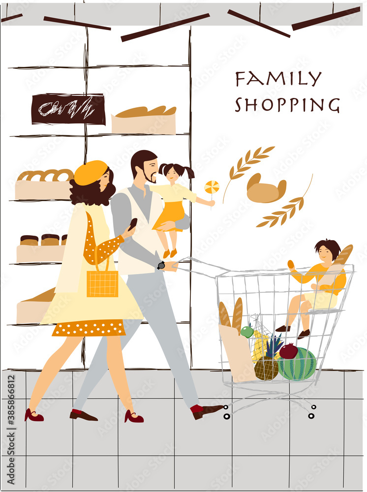 Family shopping. Vector illustration with dad mom, children in the ...